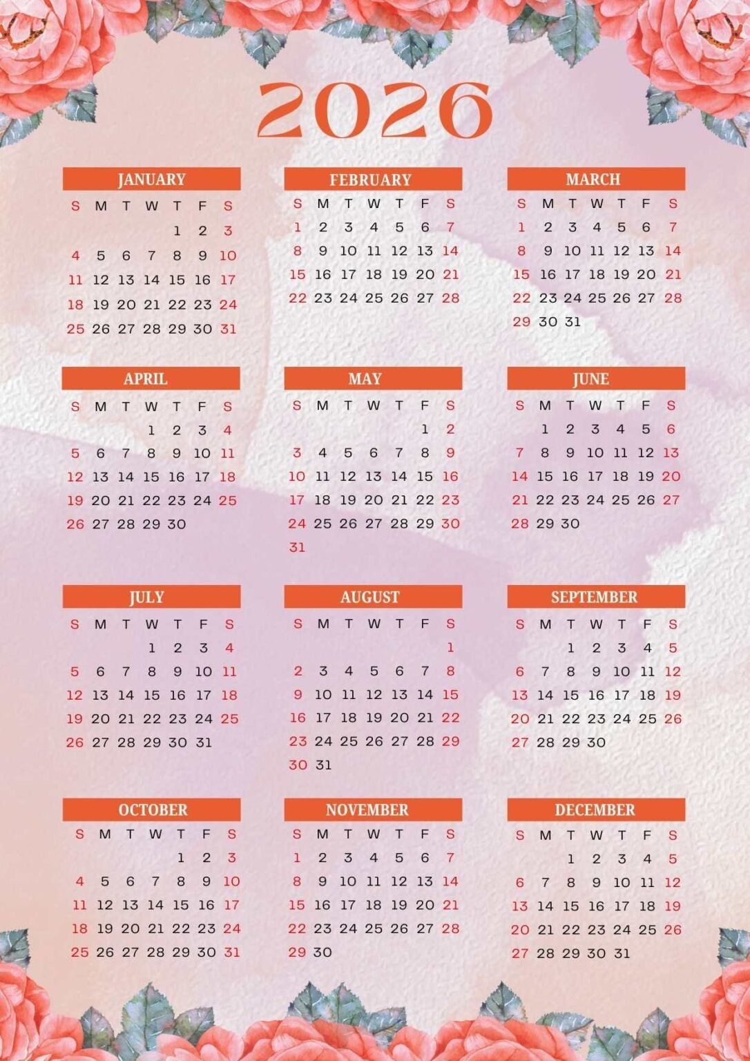 2026 Printable Calendar in JPG and PDF, Get Each Month Separate ...